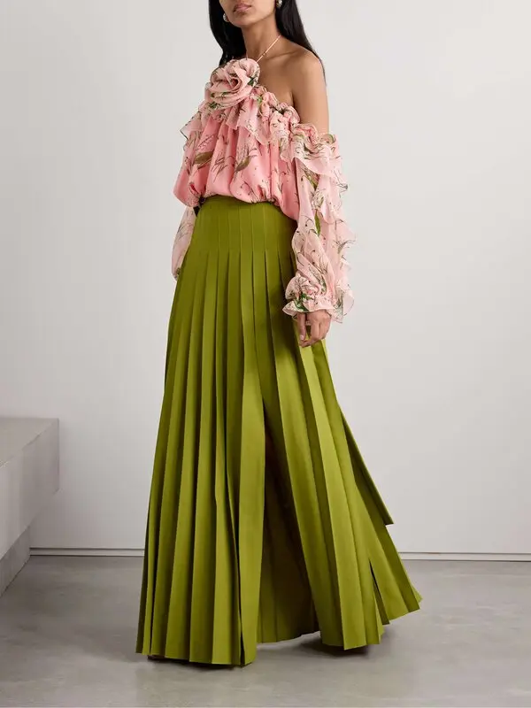 Carolina Herrera Ruffled Appliquéd Floral-print Georgette Halterneck Blouse