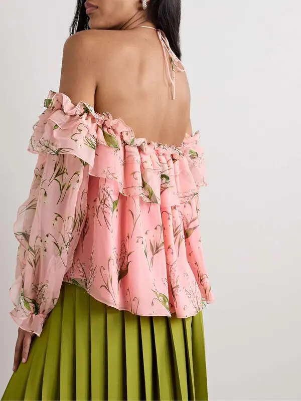 Carolina Herrera Ruffled Appliquéd Floral-print Georgette Halterneck Blouse