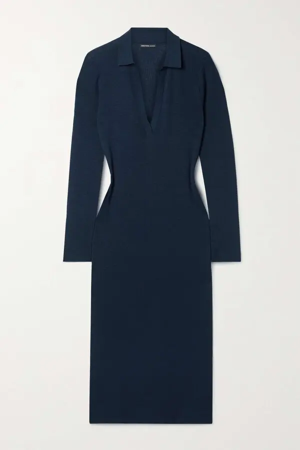 James Perse Ribbed Linen-Blend Midi Dress - Navy | Editorialist