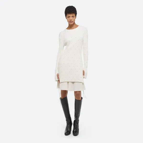 Helmut Lang Embellished Ribbed Knit Sweater Dress - Ivory