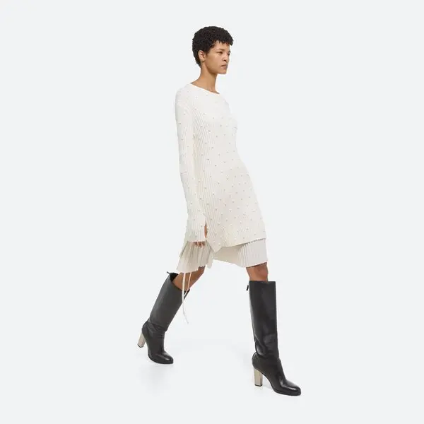 Helmut Lang Embellished Ribbed Knit Sweater Dress - Ivory