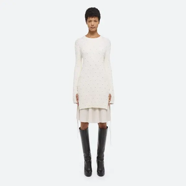 Helmut Lang Embellished Ribbed Knit Sweater Dress - Ivory