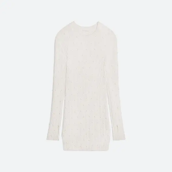 Helmut Lang Embellished Ribbed Knit Sweater Dress - Ivory