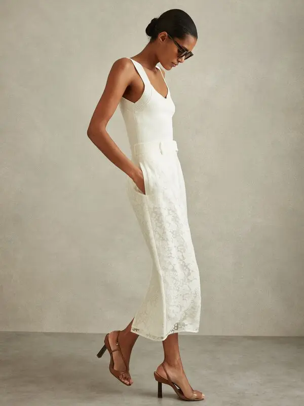 REISS Denva Burnout Floral Midi Skirt - Cream