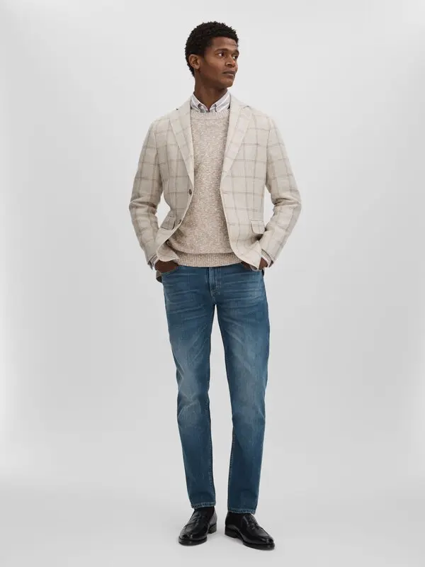 OSCAR JACOBSON Linen Blend Single Breasted Check Blazer