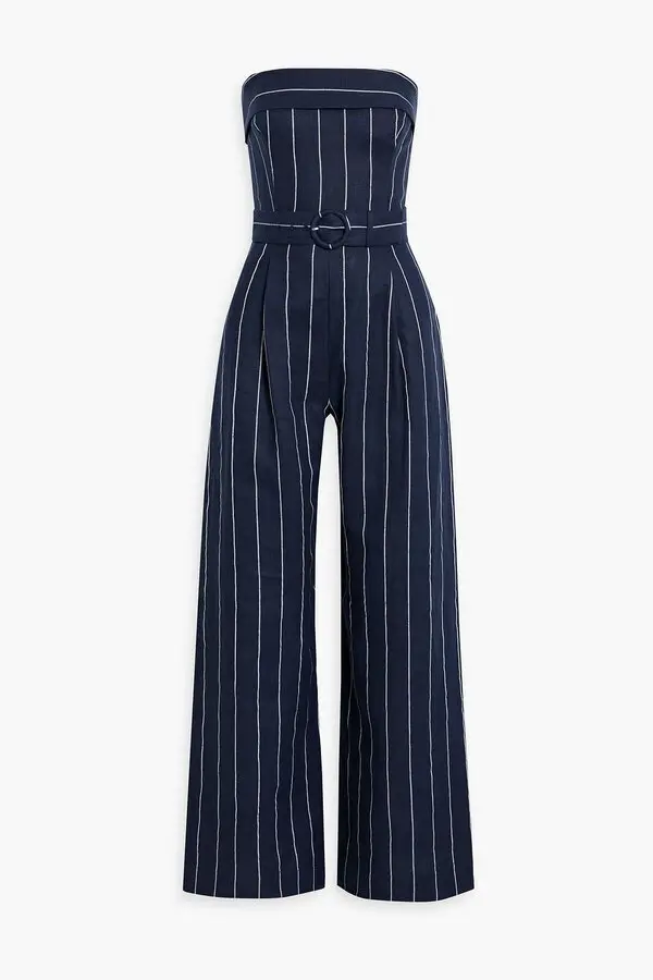 NICHOLAS Strapless Striped Linen-blend Jumpsuit - Midnight Blue