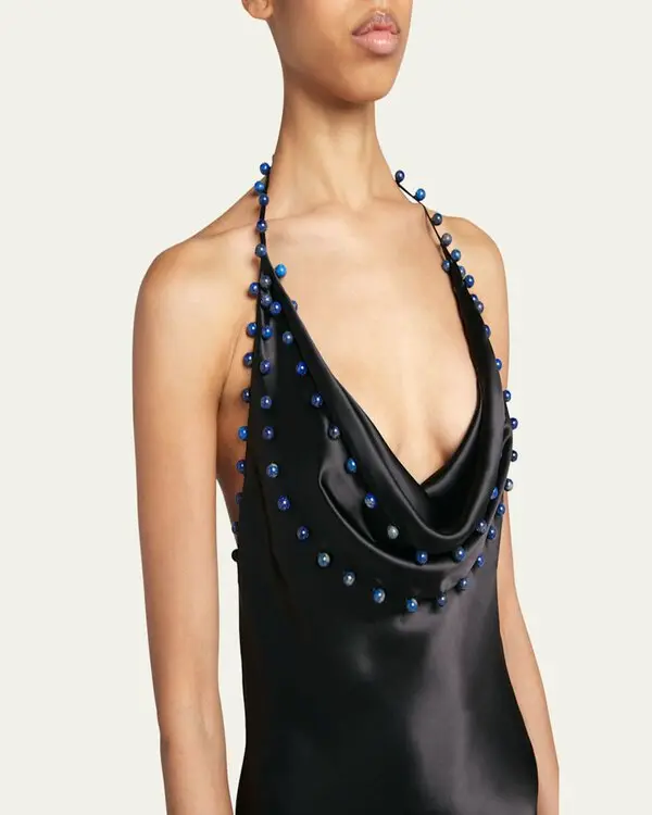 Bottega Veneta Beaded Halter Fluid Shine Dress
