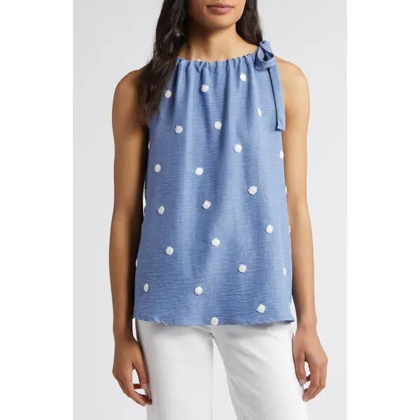 Loveappella Tie Shoulder Sleeveless Top - Chambray