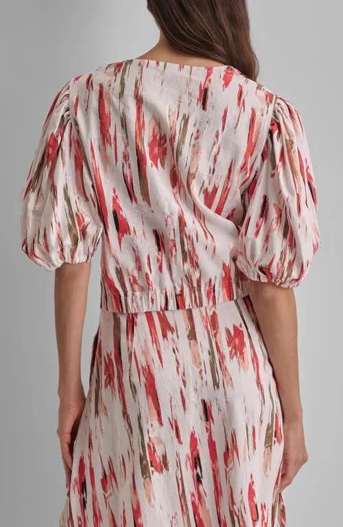 Dkny Printed Zip-front Linen-blend Top - Broken Brushstroke