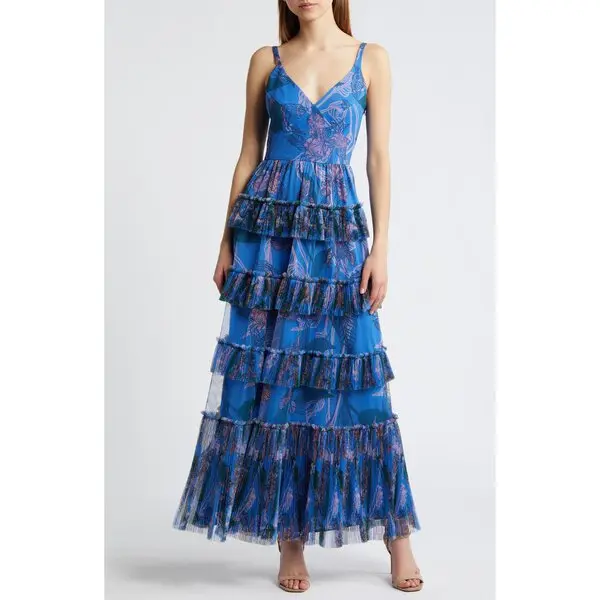 HUTCH Freya Tulle Plissé Ruffle Gown