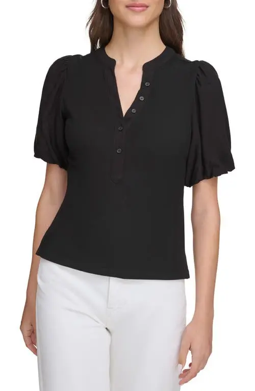 Dkny Ribbed Henley Top With Puff Sleeves - Black