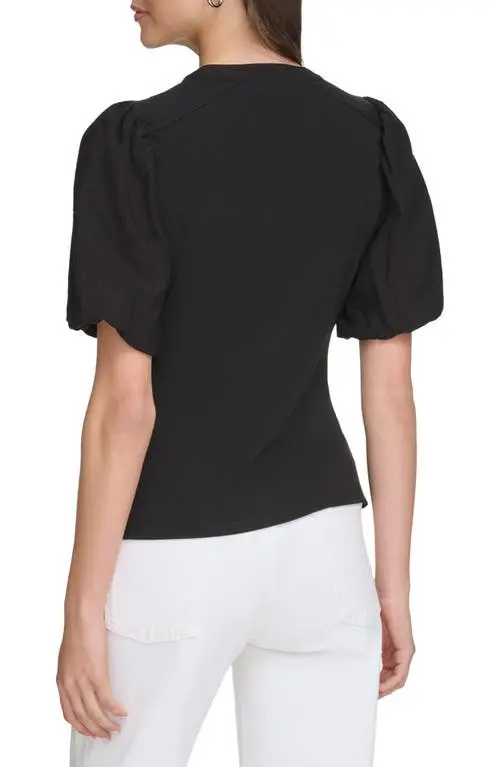 Dkny Ribbed Henley Top With Puff Sleeves - Black