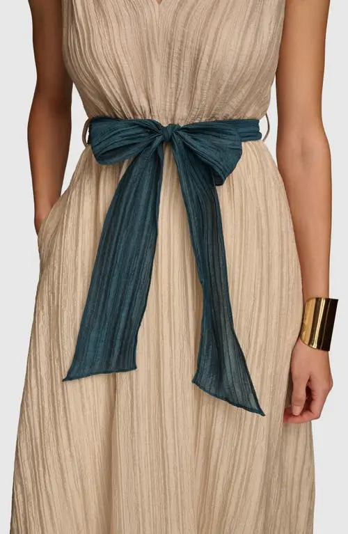 Donna Karan New York Tie Waist Pliss Fit & Flare Dress - Sand/ Tide |  Editorialist