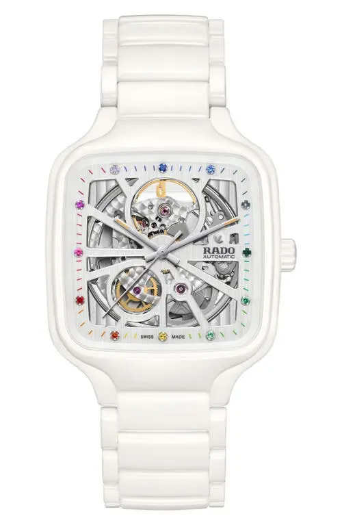 RADO True Square Automatic Open Heart Ceramic Bracelet Watch - White