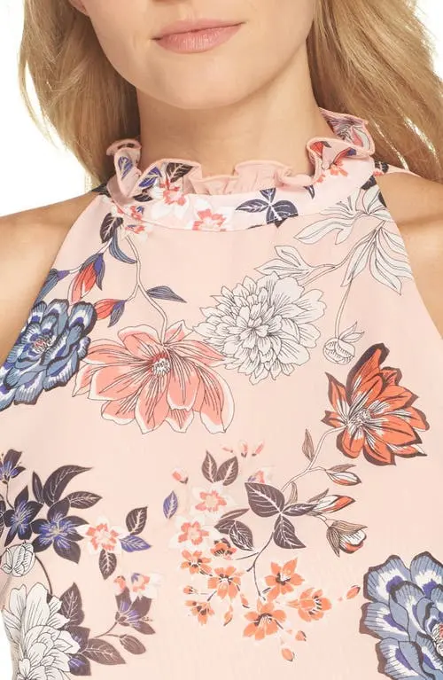Vince Camuto Floral Ruffle Neck Chiffon Shift Dress - Blush