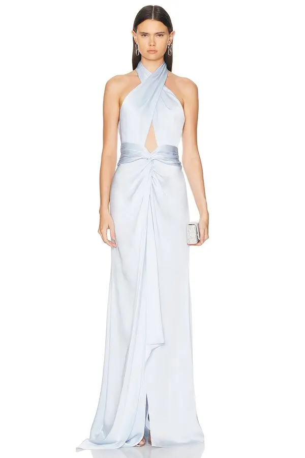 black halter silk dress Italia Azure Pleat Bodice Halterneck Maxi Dress Light Blue