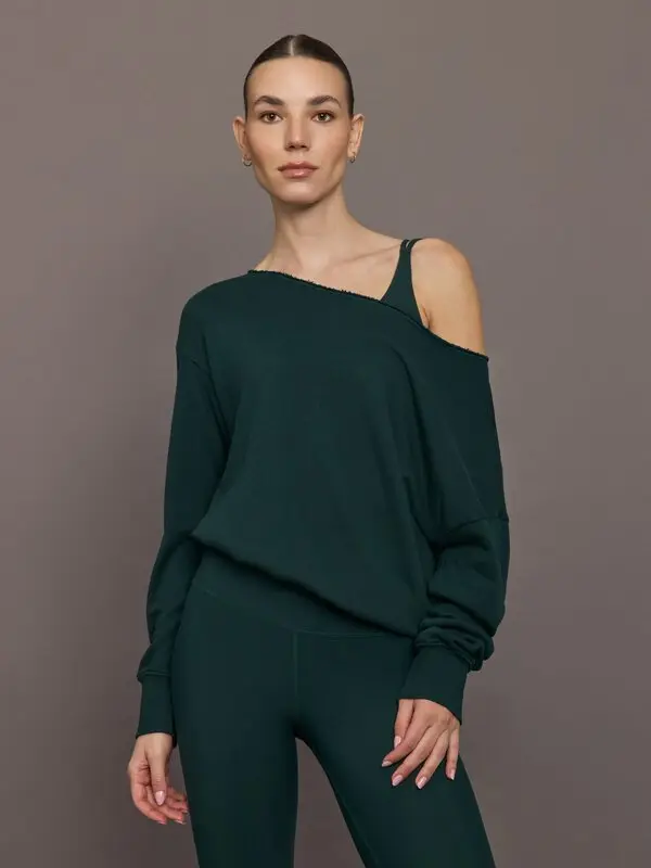 Carbon38 Off-shoulder French Terry Sweatshirt - Forest