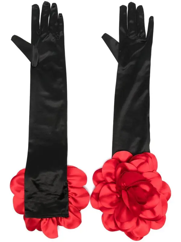 PARLOR Floral-appliqué Satin Gloves - Black