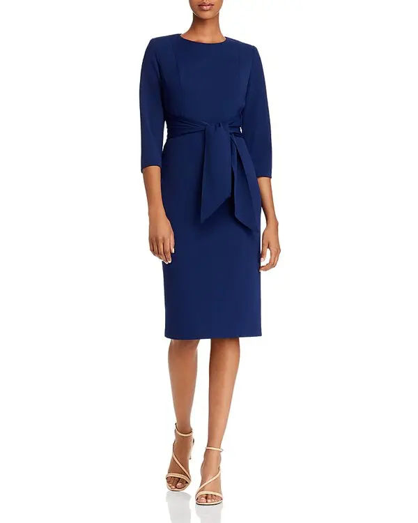 Adrianna Papell Tie-Waist Knee Length Dress - Navy Sateen | Editorialist