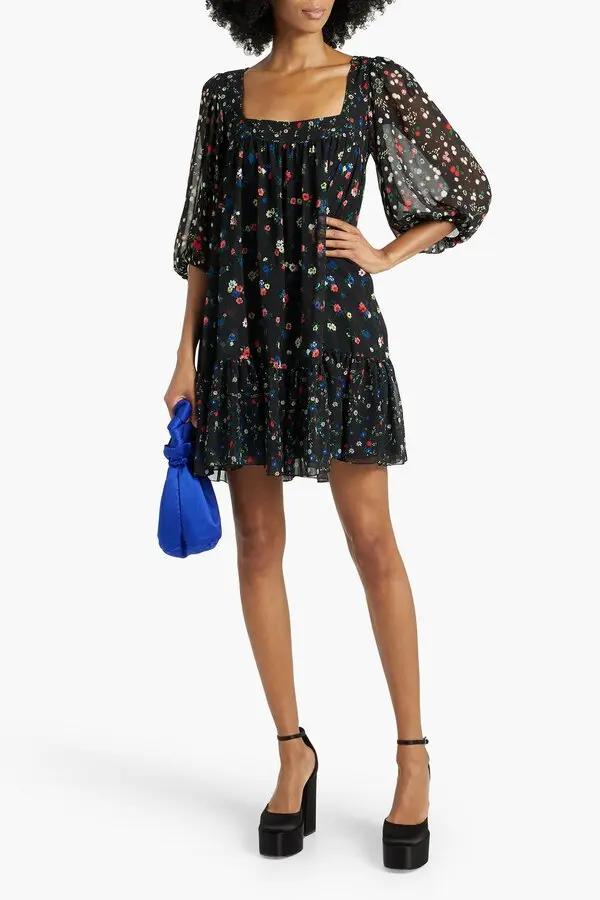 black mini dress with red flowers Women Black & Red Floral Printed Sweetheart Neck Georgette Tie-Up Flounce  Hem Ruffled Bodycon Mini Dress