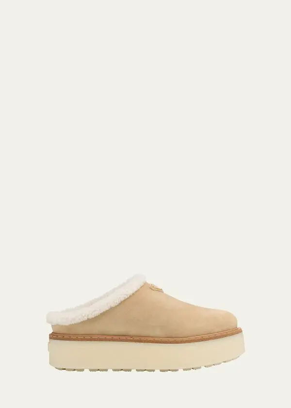 Prada Suede Shearling Platform Mules - Cannella