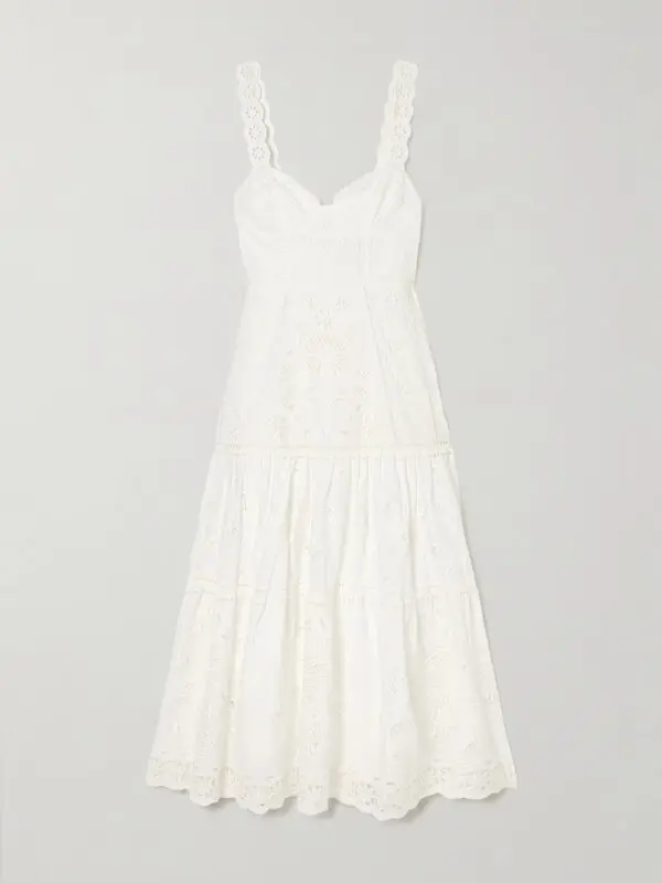 Farm Rio Richelieu Tiered Broderie Anglaise Cotton Midi Dress - Neutrals