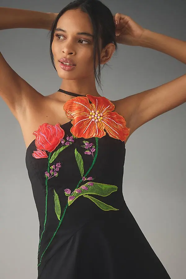 YUKIKO NORITAKE Asymmetric Floral Midi Dress - Black
