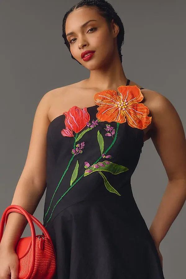 YUKIKO NORITAKE Asymmetric Floral Midi Dress - Black