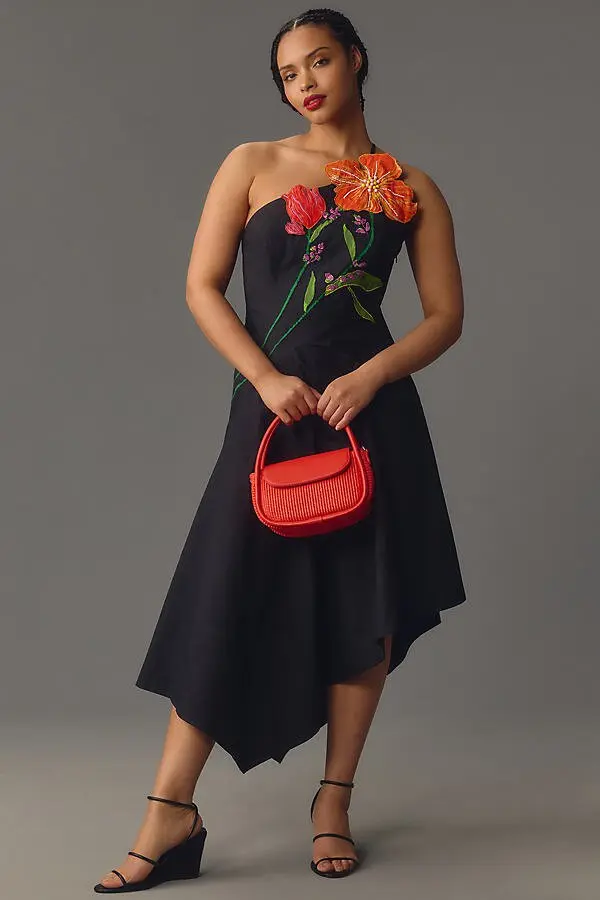 YUKIKO NORITAKE Asymmetric Floral Midi Dress - Black