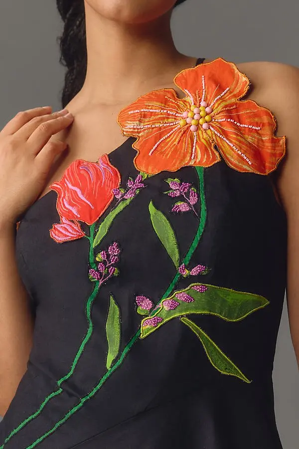 YUKIKO NORITAKE Asymmetric Floral Midi Dress - Black