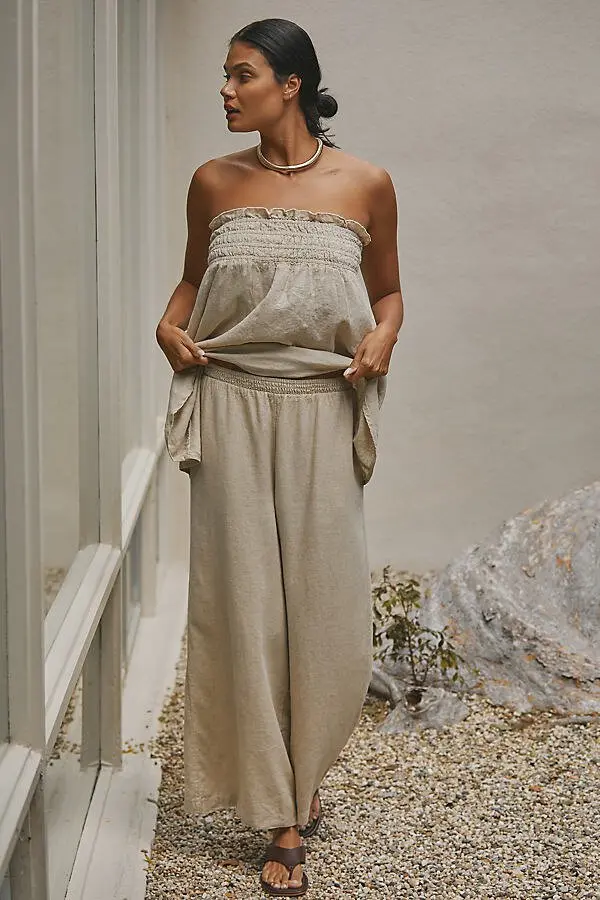 Anthropologie Aubrey Smocked Linen Pants - Unbleached