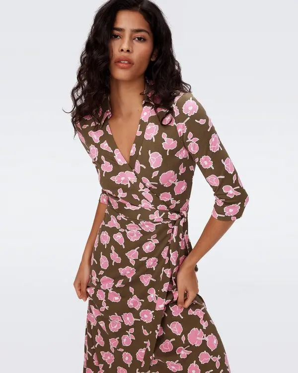 Diane Von Furstenberg Abigail Silk Jersey Maxi Wrap Dress In Huge Rose  Showers Khaki - 60% Off | Editorialist