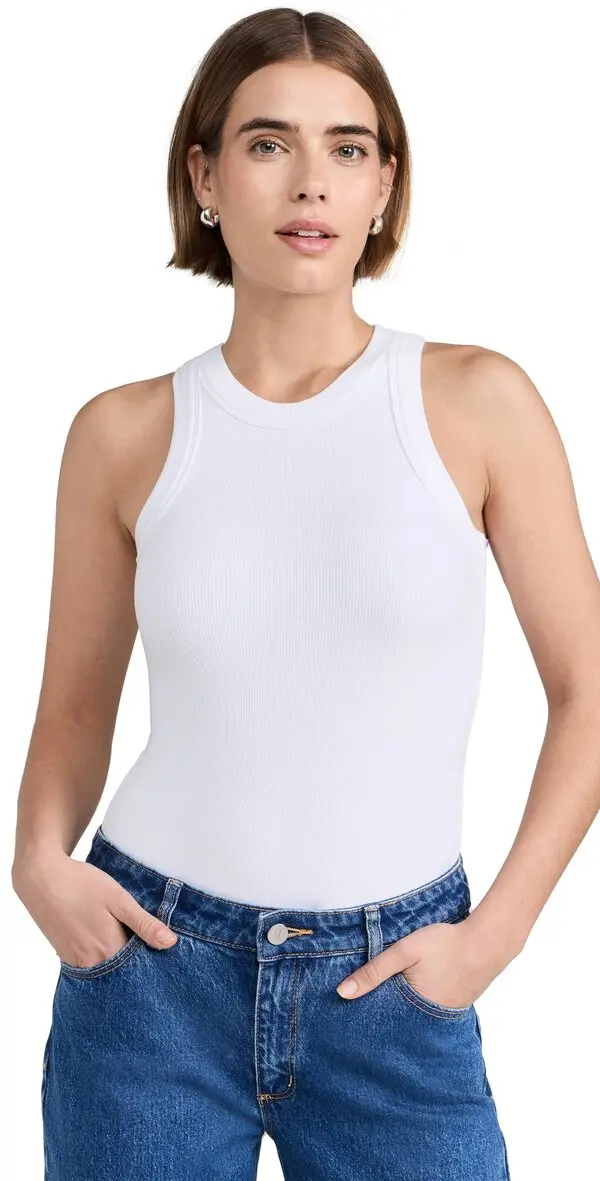 Ambitionist Ali Ribbed Racer Tank Bodysuit - White