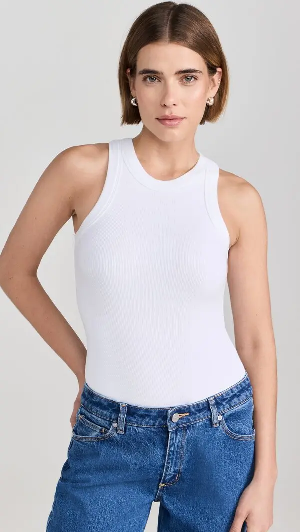 Ambitionist Ali Ribbed Racer Tank Bodysuit - White