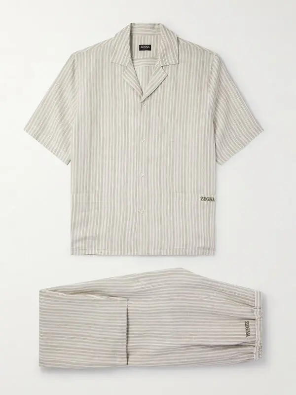 Zegna Logo-embroidered Striped Linen Pyjama Set - Neutrals