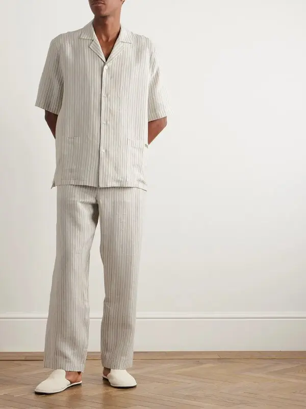Zegna Logo-embroidered Striped Linen Pyjama Set
