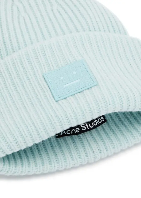 Acne Studios Mint Blue Ribbed Wool Blend Cuffed Beanie Acne Studios - Ribbed face logo beanie - Dusty blue main image 4