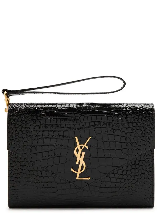 Saint Laurent Cassandre Crocodile-effect Pouch - Black