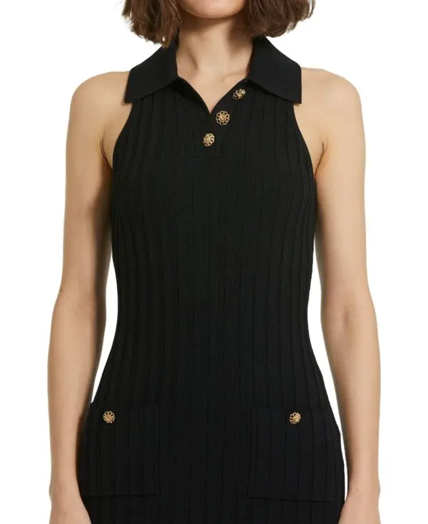 Mac Duggal Rib Knit Collared Sleeveless Fitted Maxi Dress
