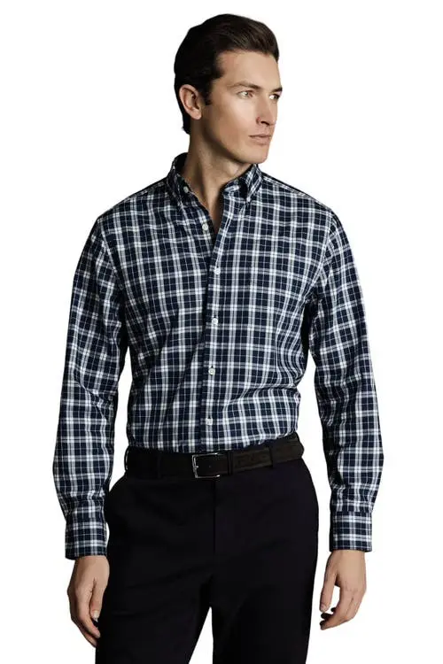 CHARLES TYRWHITT Slim Fit Button-down Collar Non-iron Stretch Poplin Check Shirt - Blue