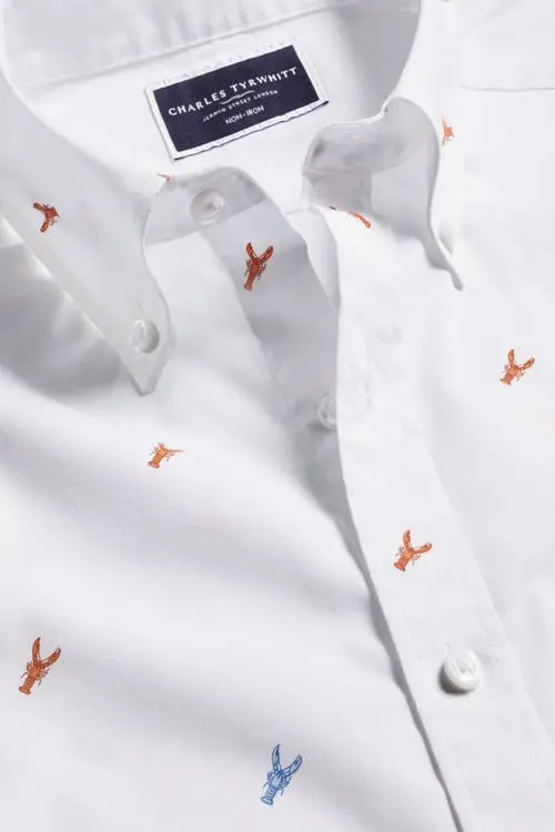 CHARLES TYRWHITT Slim Fit Multi Button-down Collar Non-iron Lobster Print Short Sleeve Shirt - Orange