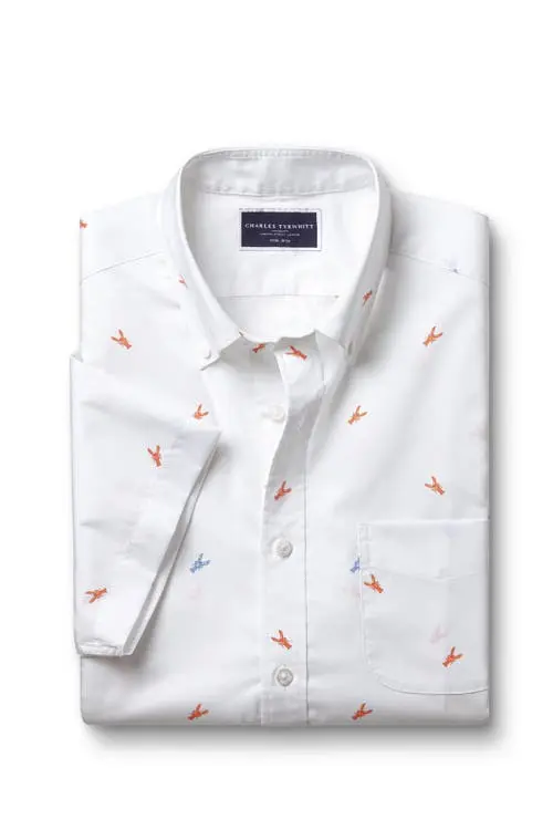 CHARLES TYRWHITT Slim Fit Multi Button-down Collar Non-iron Lobster Print Short Sleeve Shirt - Orange