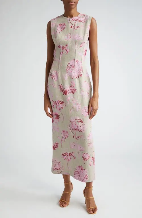 lela rose pink flower dress Lela Rose Pressed Flower Print Linen Column Dress In Peony - 75% Off