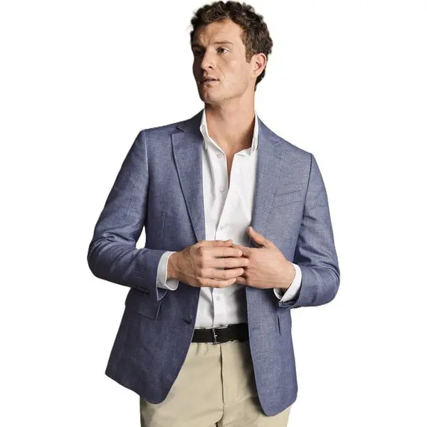 CHARLES TYRWHITT Linen Cotton Slim Fit Jacket - Cobalt Blue