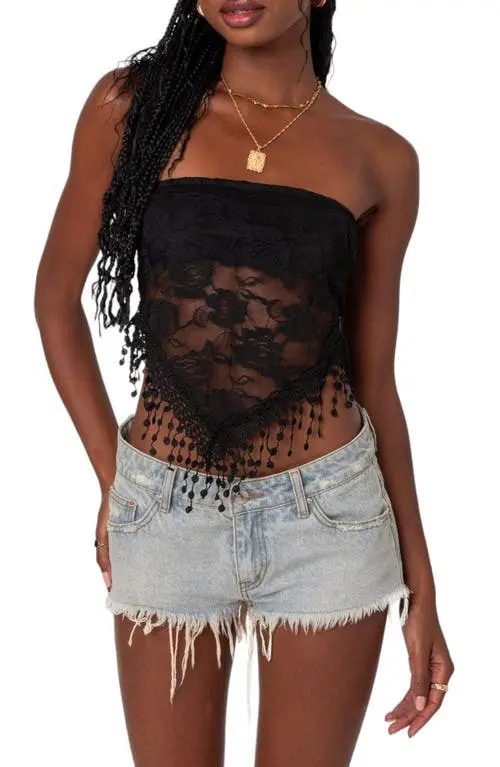 EDIKTED India Fringe Hem Lace Tube Top - Black