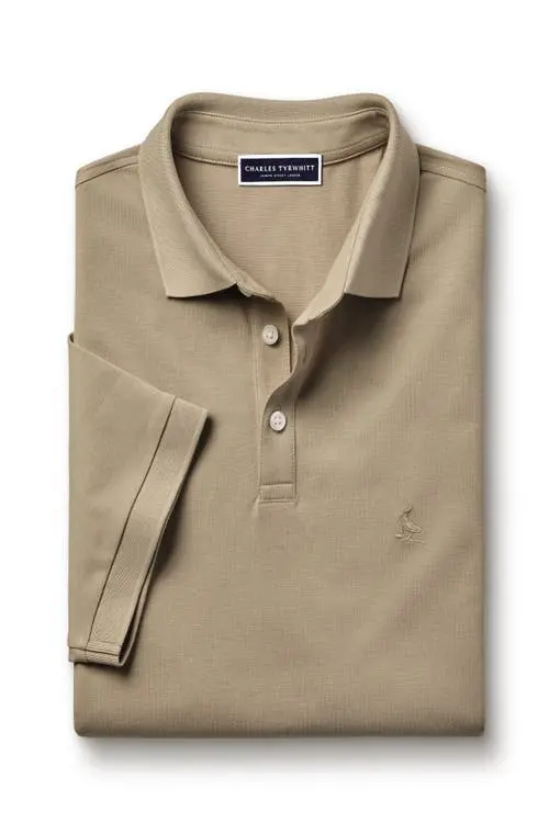 CHARLES TYRWHITT Solid Short Sleeve Cotton Tyrwhitt Pique Polo - Taupe