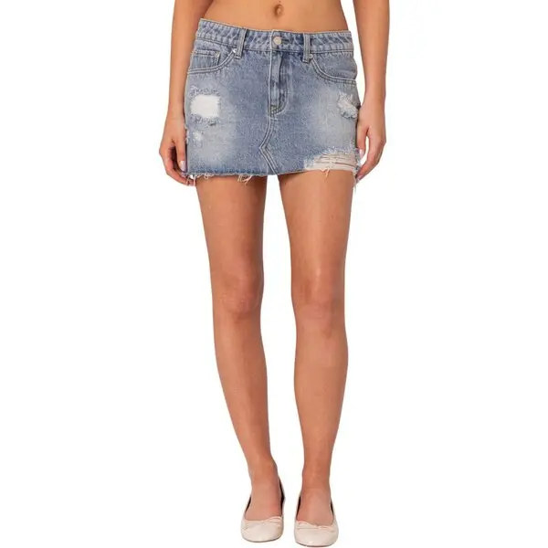 EDIKTED Ginnie Low Rise Distressed Denim Mini Skirt - Light-blue