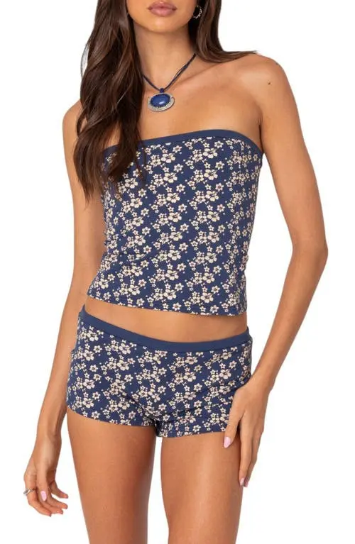 EDIKTED Flower Power Stretch Cotton Tube Top - Blue