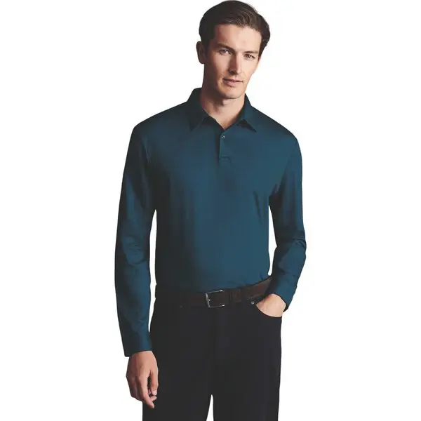 CHARLES TYRWHITT Plain Long Sleeve Jersey Polo - Turquoise Blue