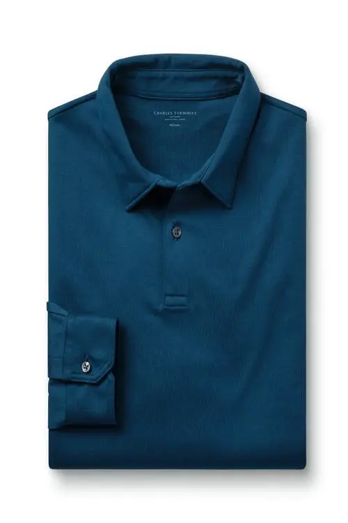 CHARLES TYRWHITT Plain Long Sleeve Jersey Polo - Turquoise Blue